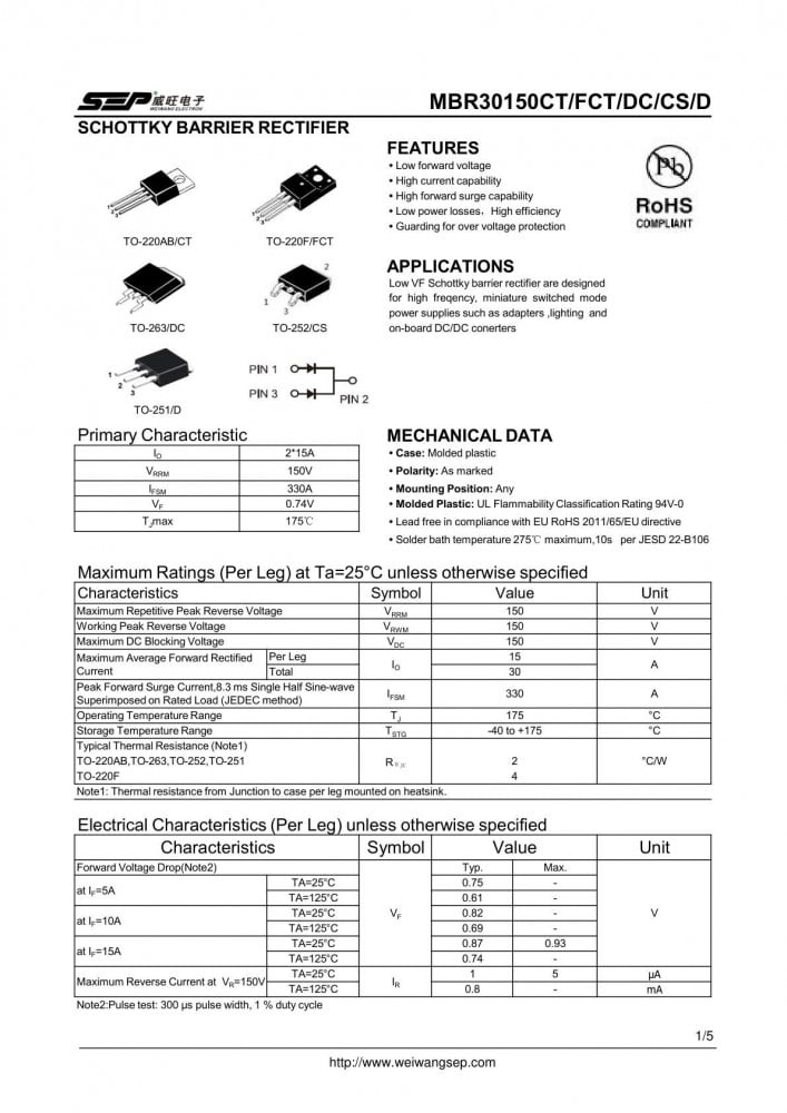 MBR30150FCT datasheet page 1