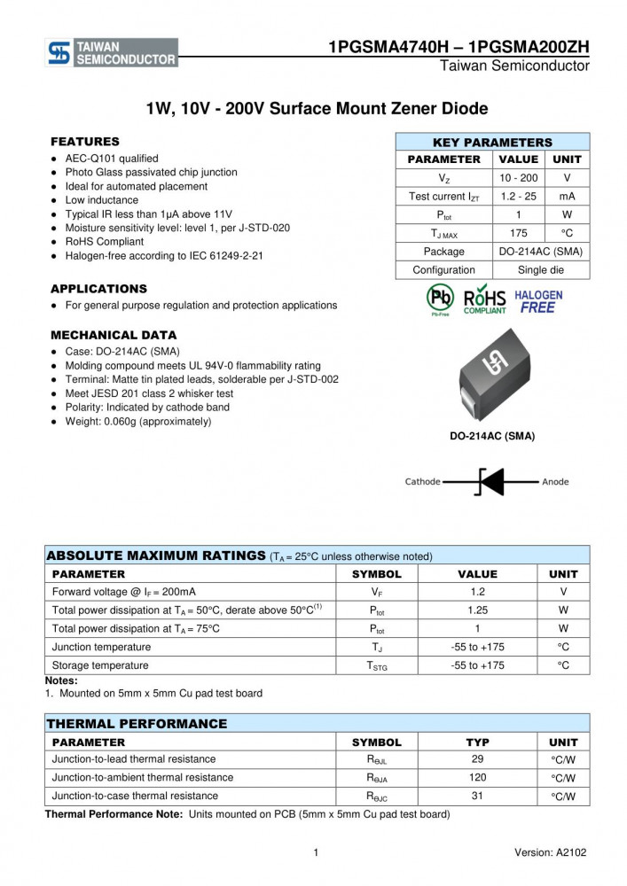1PGSMA4757H technical document page 1