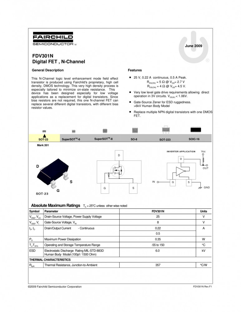 FDV301N datasheet page 1