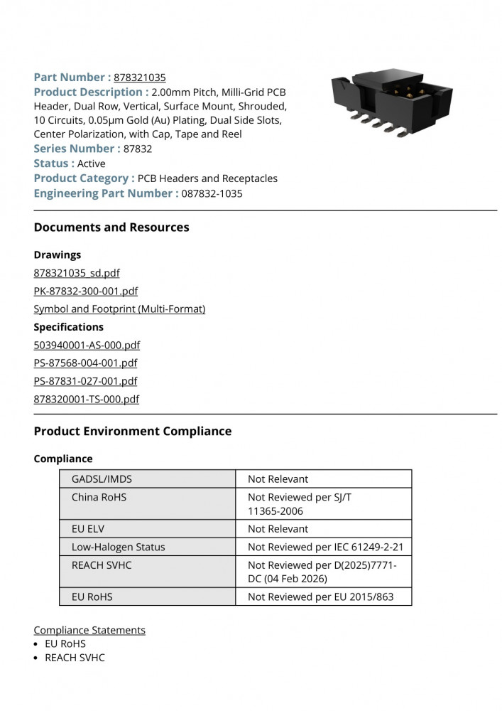 Document preview page 1 for MOLEX 878321035