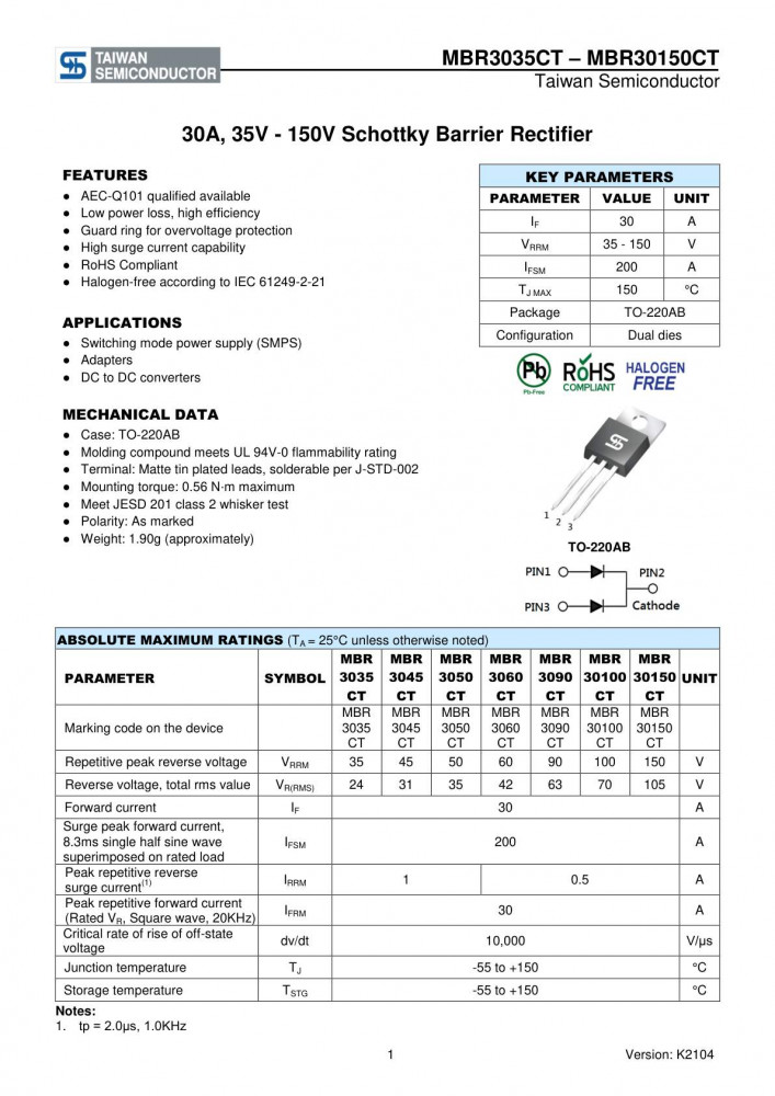 MBR3050CT datasheet page 1
