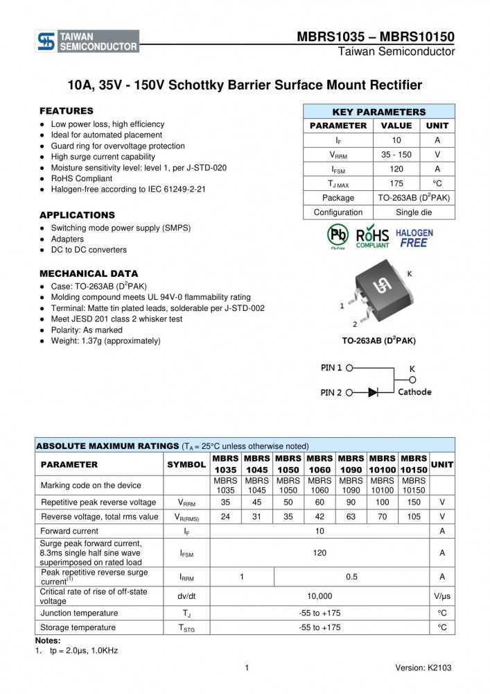 MBRS1060 datasheet page 1