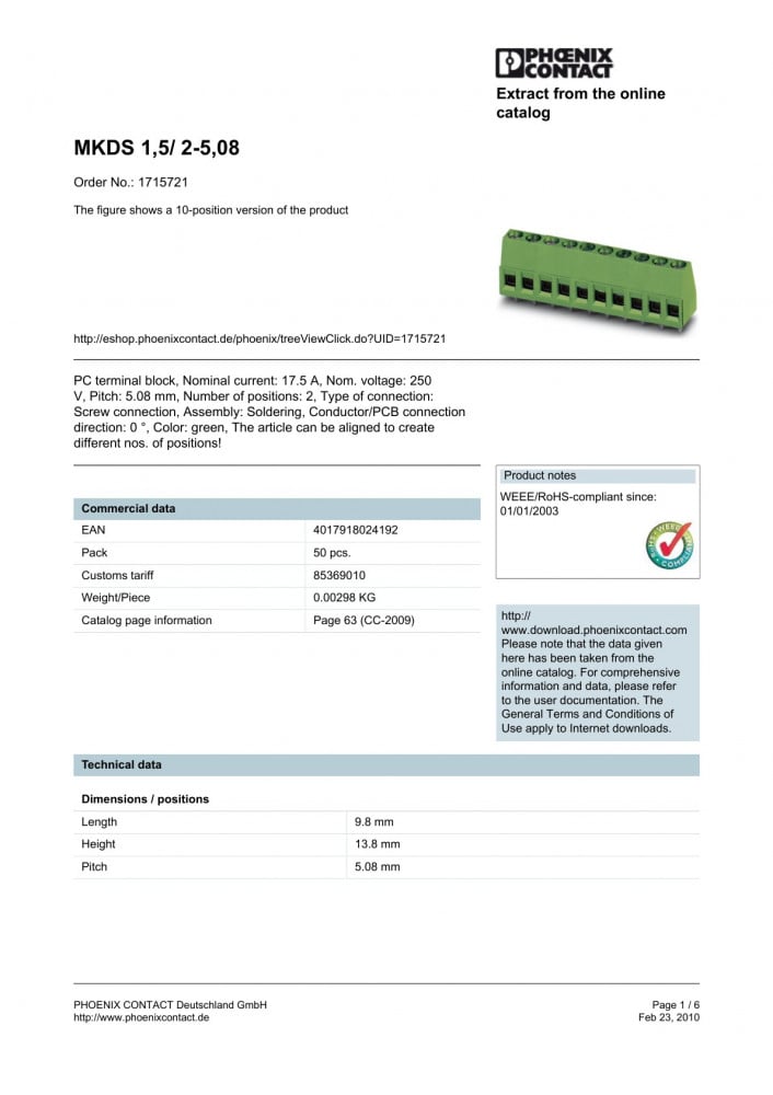 Phoenix Contact 1715721 catalog page