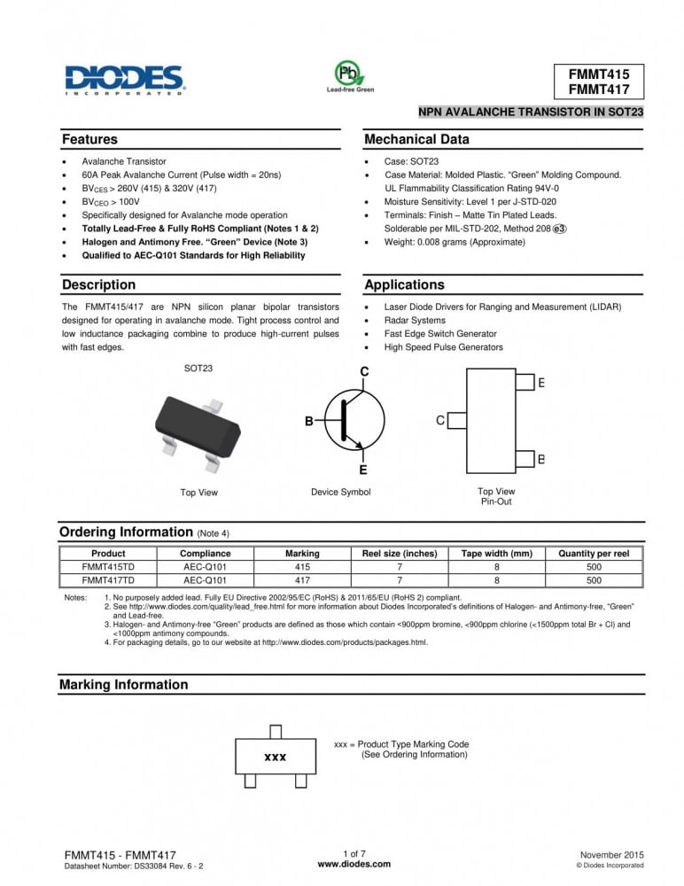 FMMT415TD datasheet page 1
