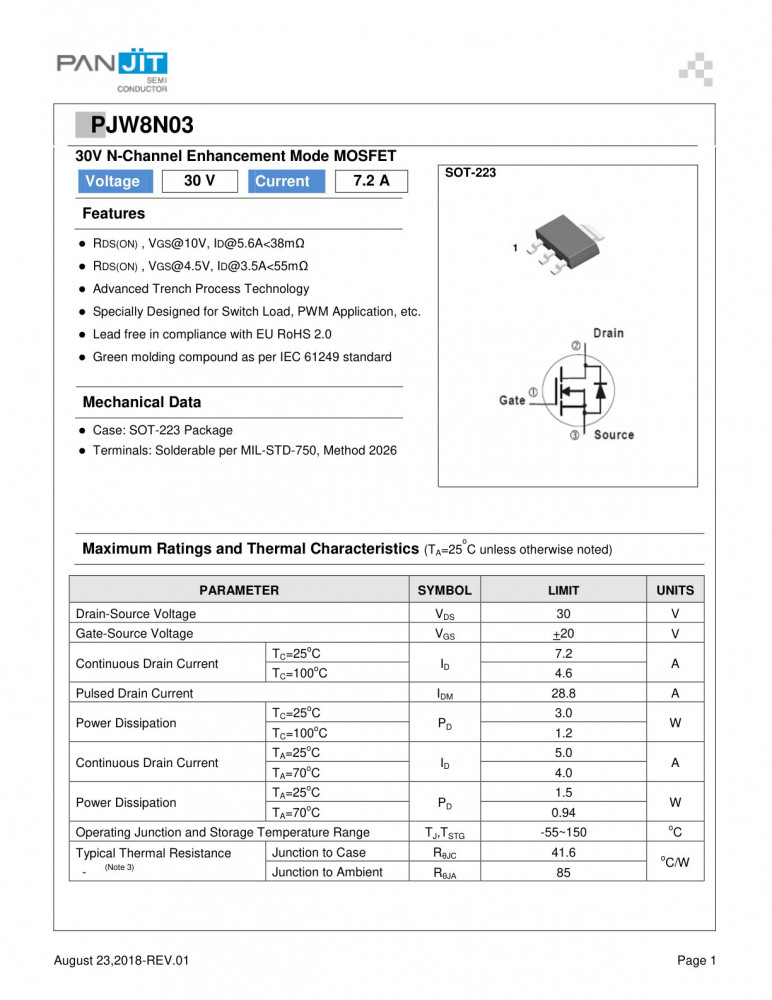 PJW8N03 datasheet page 1