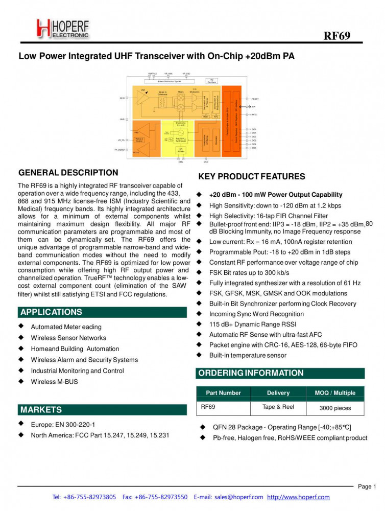 RF69 datasheet page 1