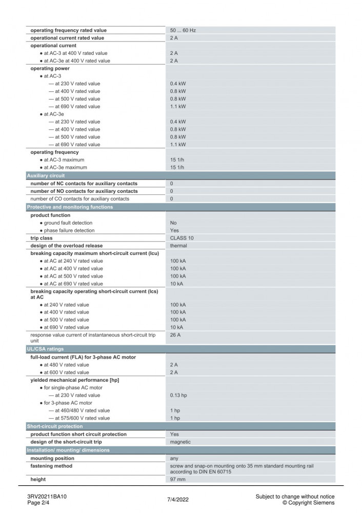 3RV20211BA10 datasheet page 2