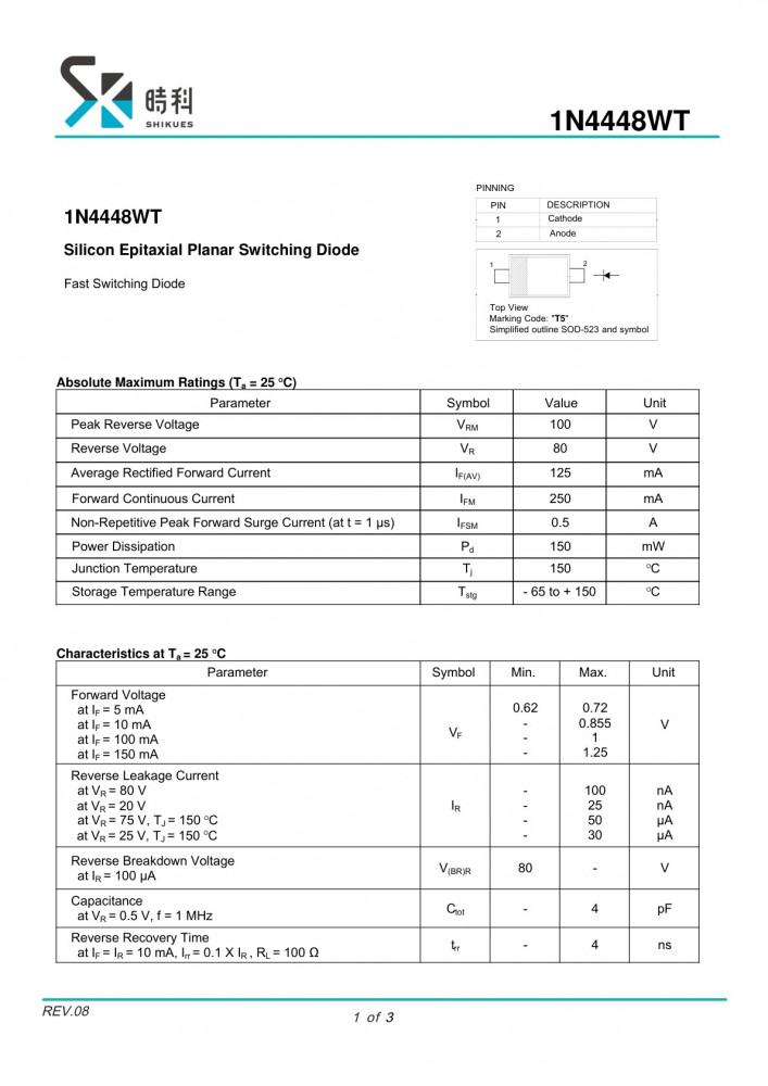 1N4448WT datasheet page 1