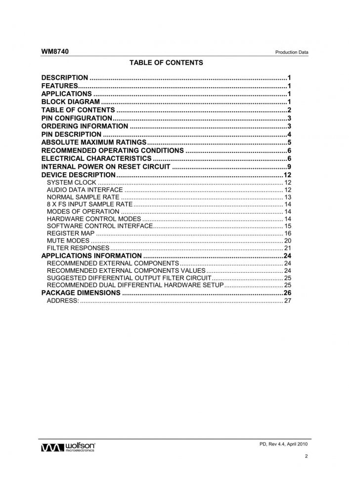 WM8740 datasheet page 2