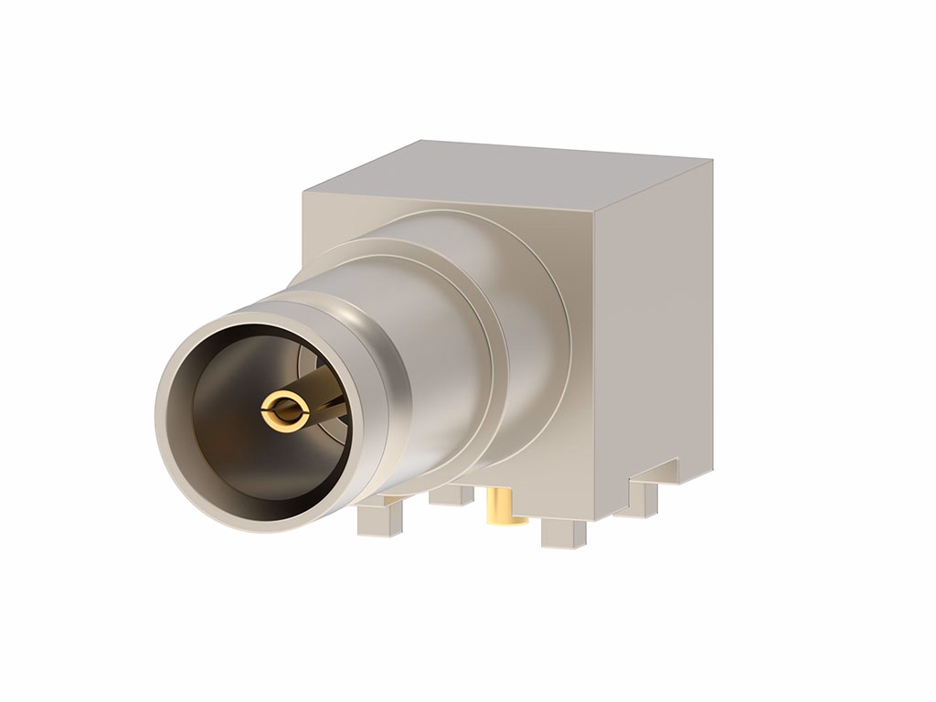 DIN 1.0/2.3 (41626), Jack, Right-Angle, PCB Receptacle, Through Hole, Brass Body, Gold (Au) Plated, With Snap Ring, Tray, 50 Ohms