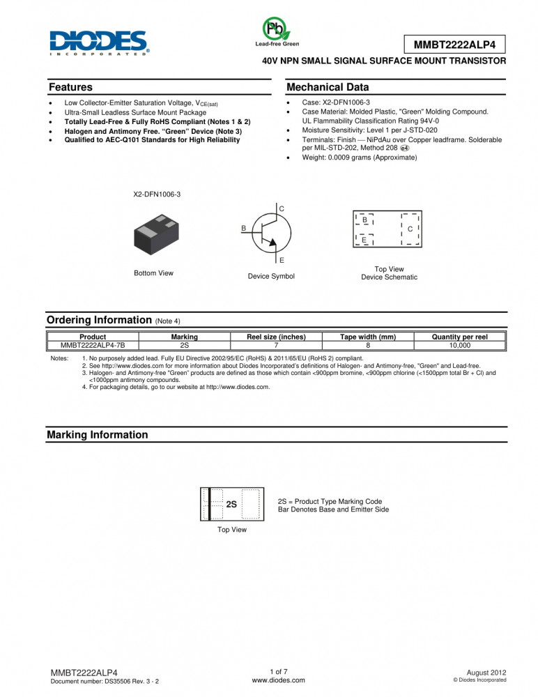 MMBT2222ALP4-7B datasheet page 1