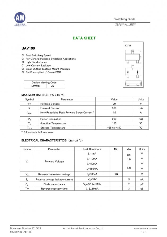 amsem BAV199 datasheet page 1