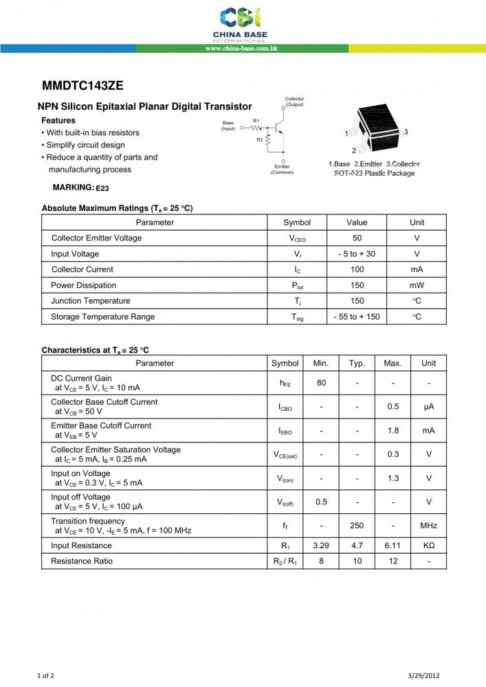 CBI DTC143ZE datasheet page 1