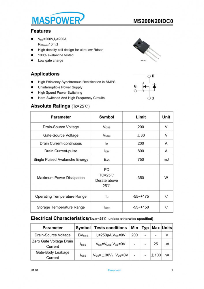 MS200N20IDC0 datasheet page 1