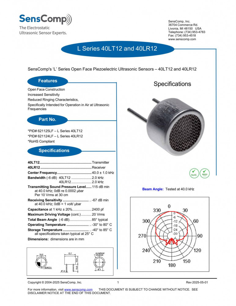 SensComp L Series 40LR12 technical document page 1
