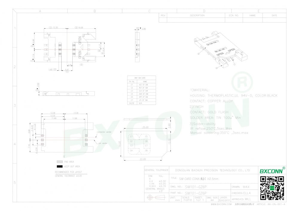 BXCONN SIM101-GZ6P technical drawing page 1