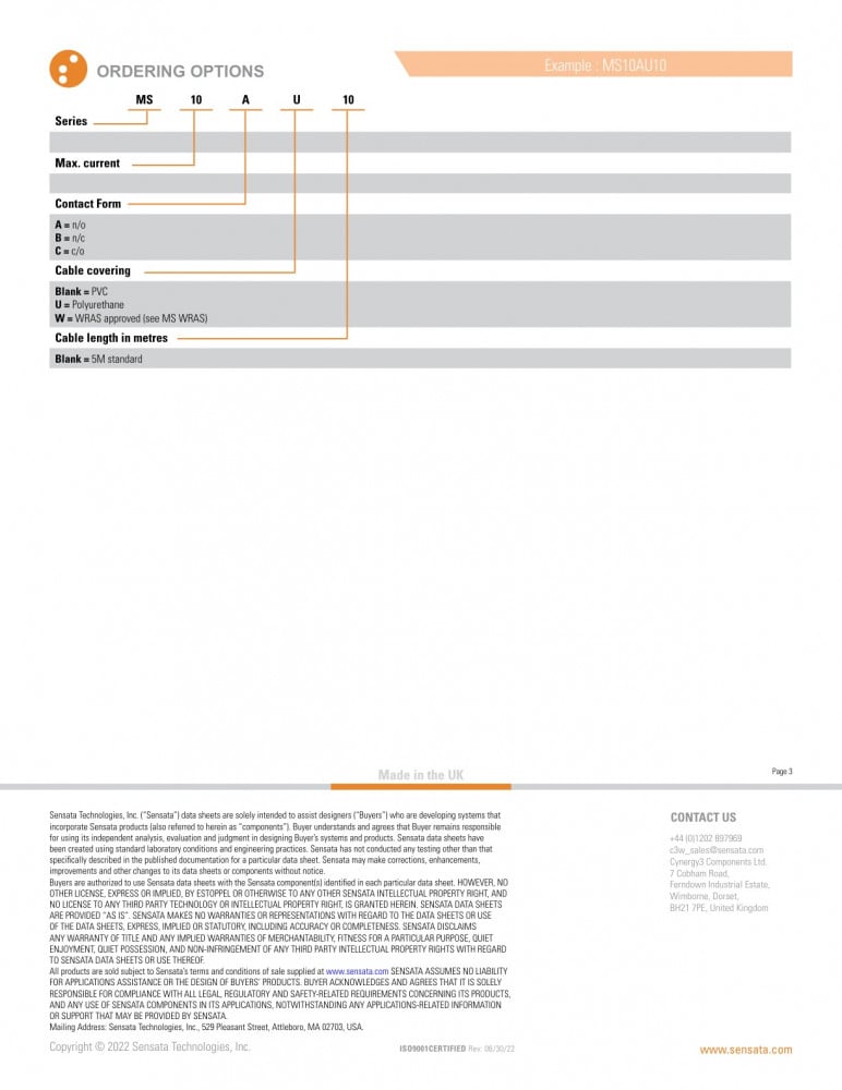 Sensata MS20CU technical document page 3