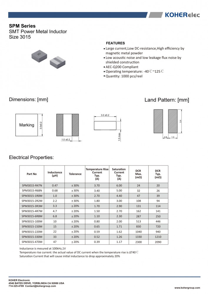 KOHERelec SPM3015 series datasheet page 1