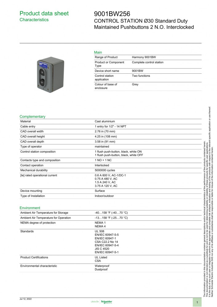 9001BW256 technical document page 1