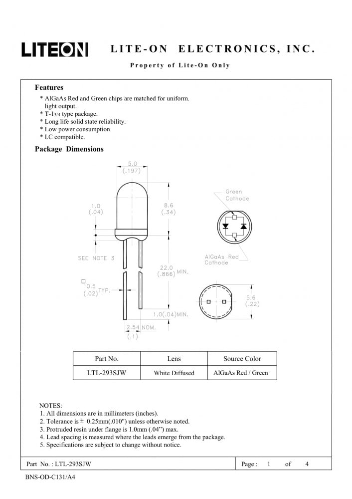 LTL-293SJW datasheet page 1