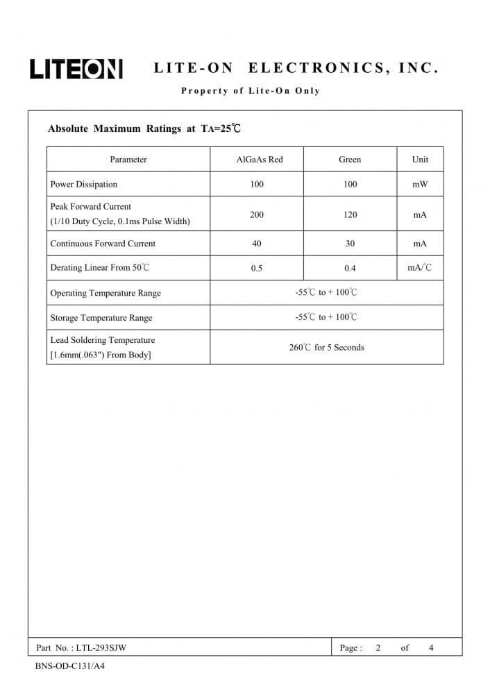 LTL-293SJW datasheet page 2