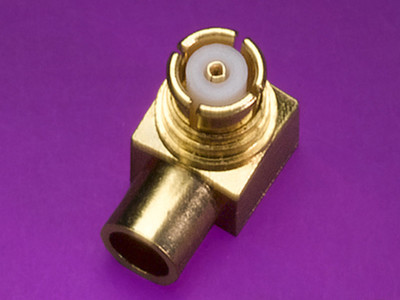 SMP Jack, Right-Angle, Crimp, RG-174, RG-188 and RG-316 Cable, Brass Body, 0.25µm Gold (Au) Plated, 80 Pieces Per Tray, 50 Ohms