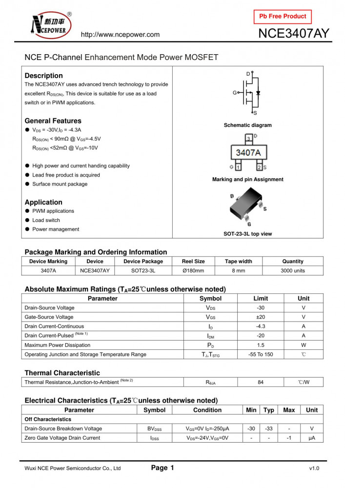 NCE3407AY datasheet page 1