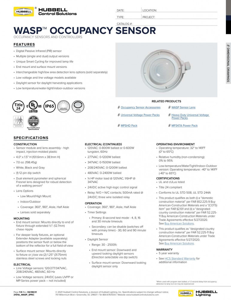 WASP occupancy sensor technical document page 1