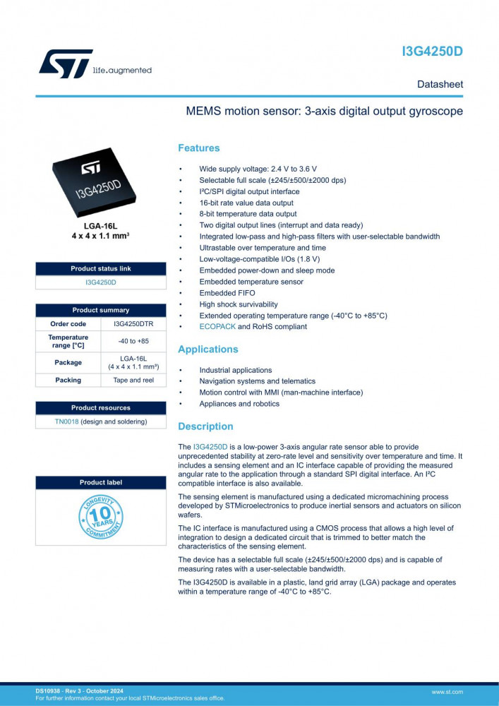 I3G4250D technical document page 1