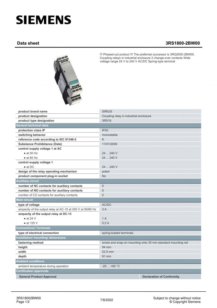 SIEMENS 3RS1800-2BW00 datasheet page 1