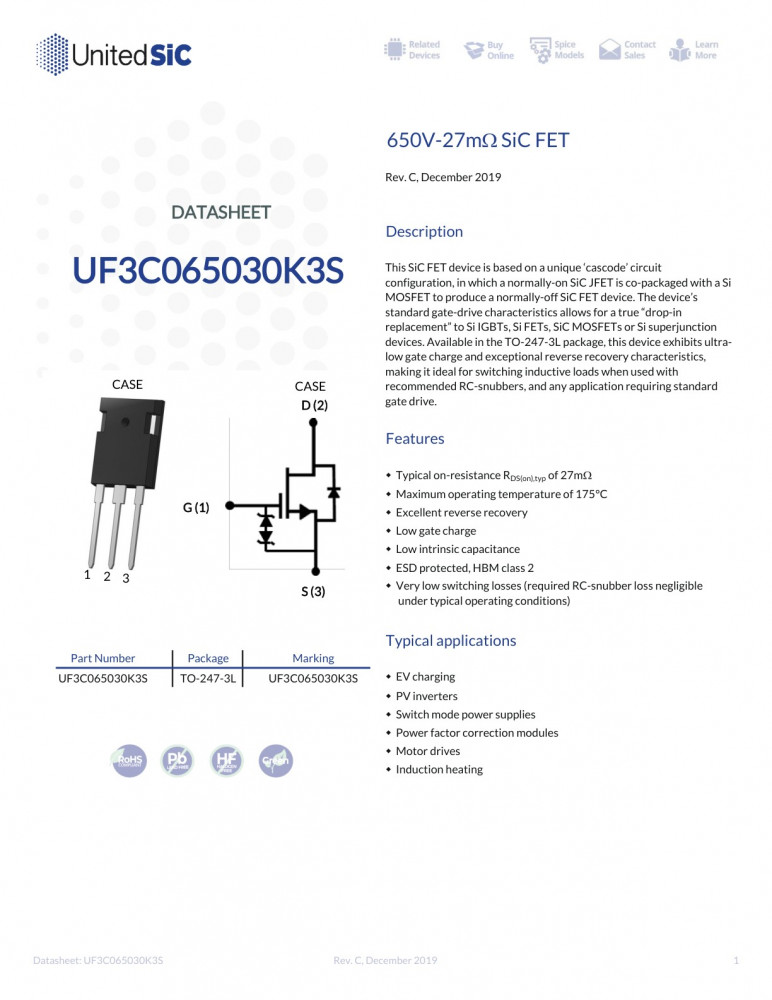 UF3C065030K3S datasheet page 1