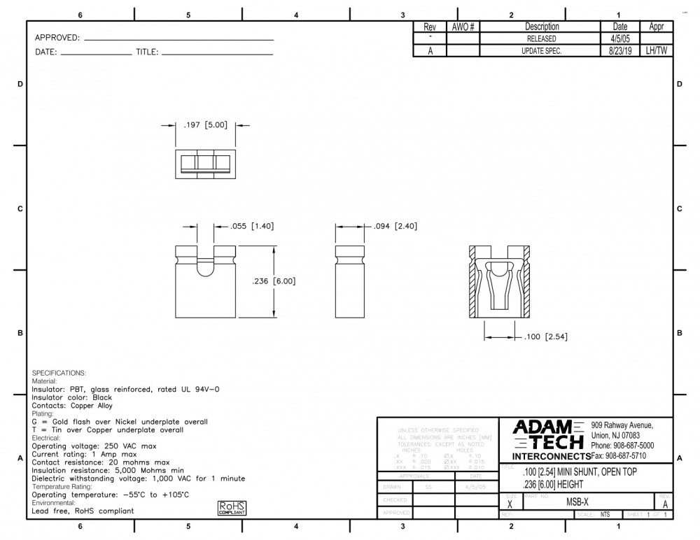ADAM TECH MSB-T mini shunt specification drawing