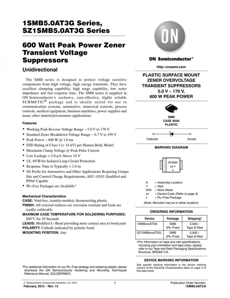 1SMB70AT3G datasheet page 1