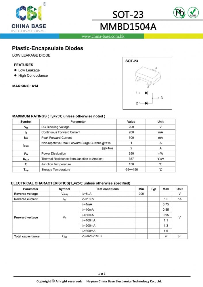 MMBD1504A datasheet page 1