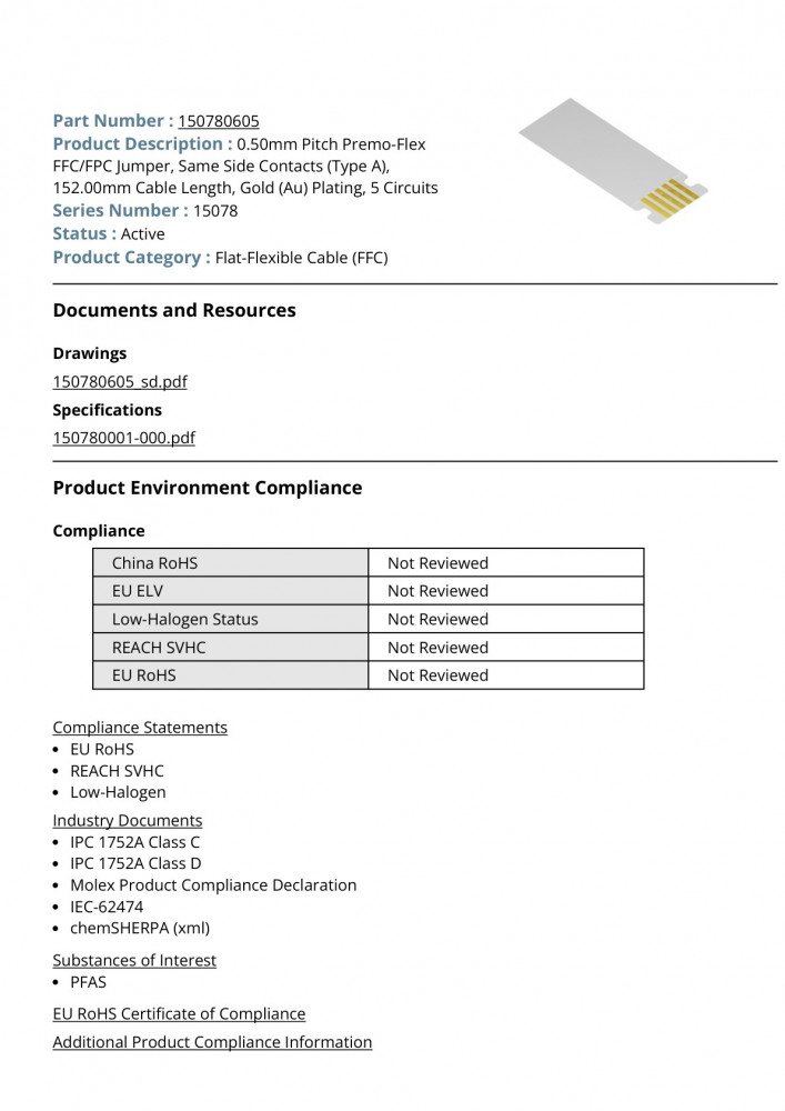 Molex 15078 product specification document, page image 1