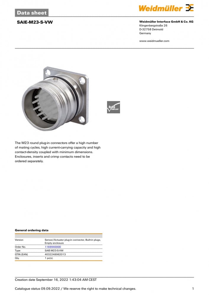 WEIDMULLER 1169940000 document page 1