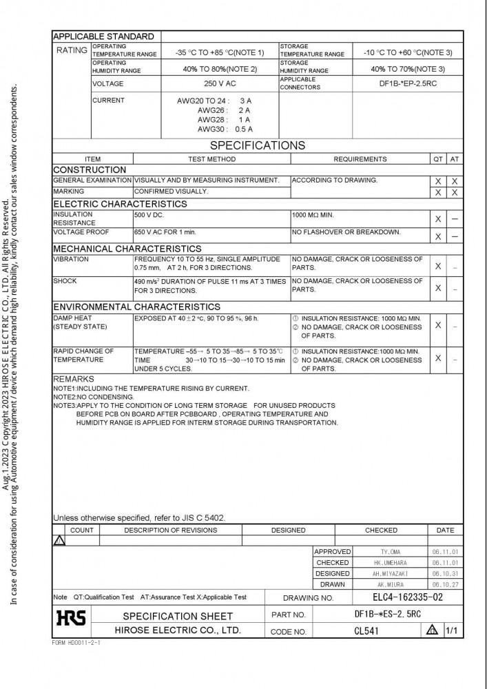 HRS DF1B-9ES-2.5RC specification sheet preview