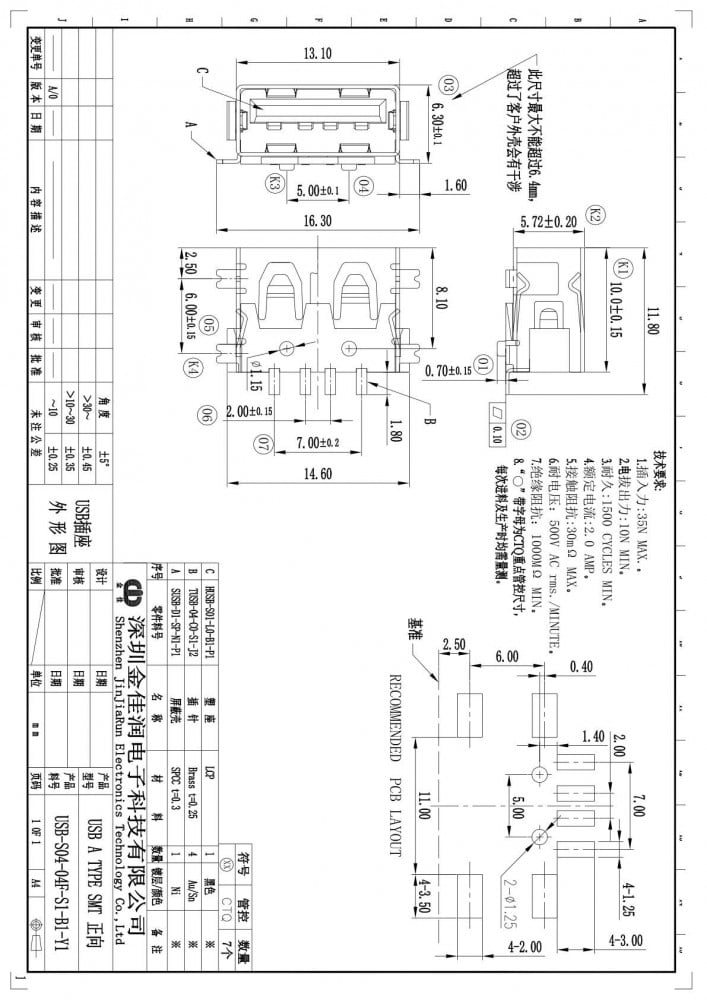 JINJIA USB-S04-04F-S1-B1-Y1 technical document image
