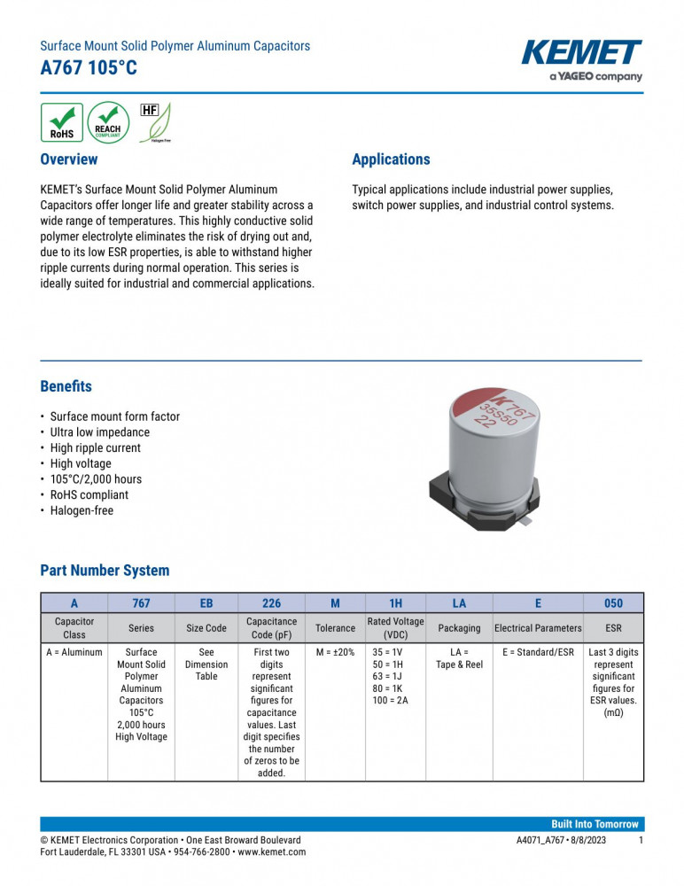 KEMET A767 series datasheet page 1