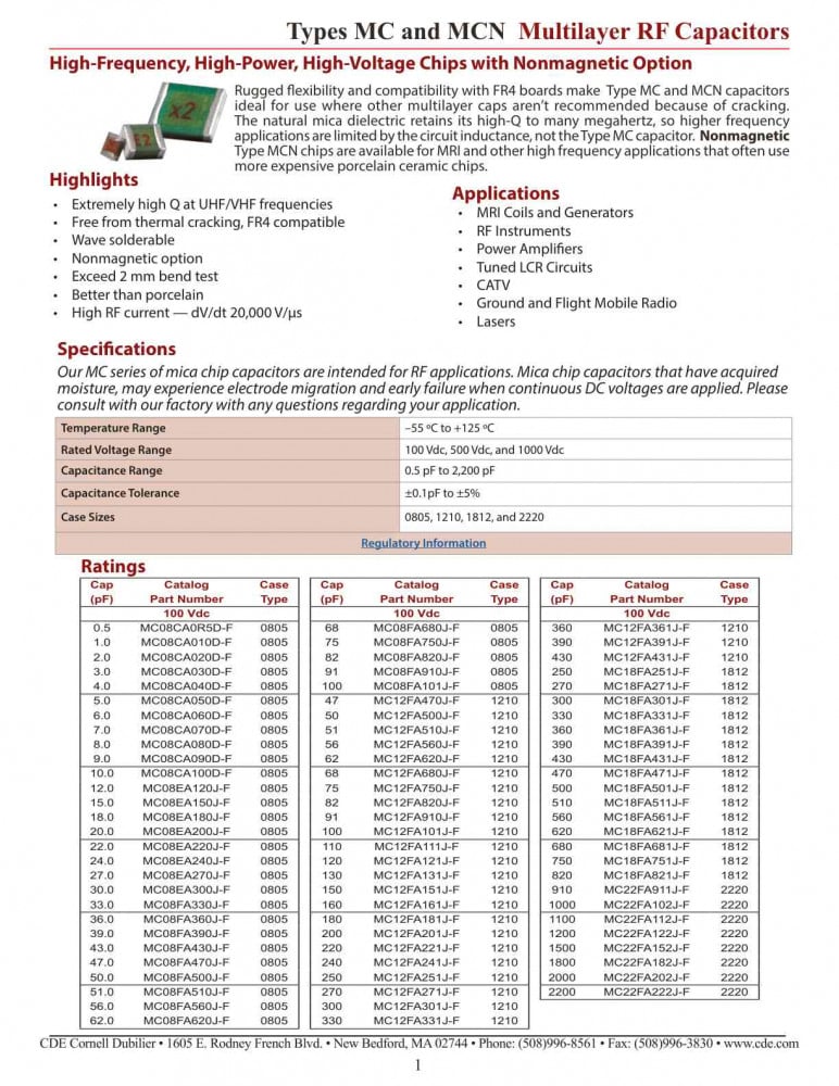 CDE MC and MCN RF capacitor datasheet page 1