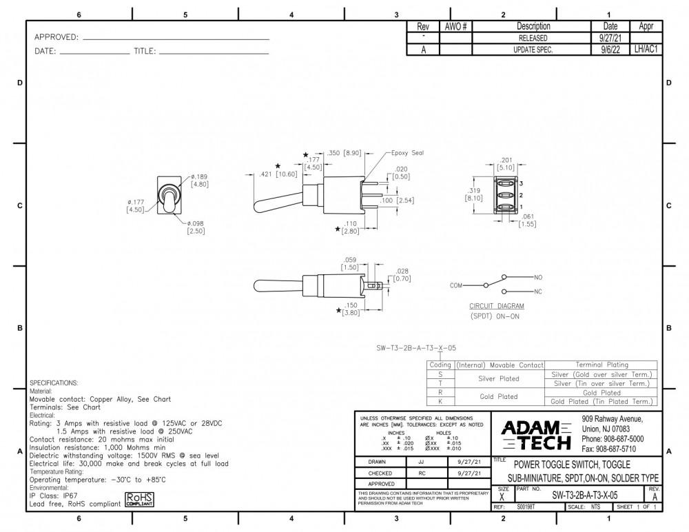 ADAM TECH toggle switch technical drawing preview