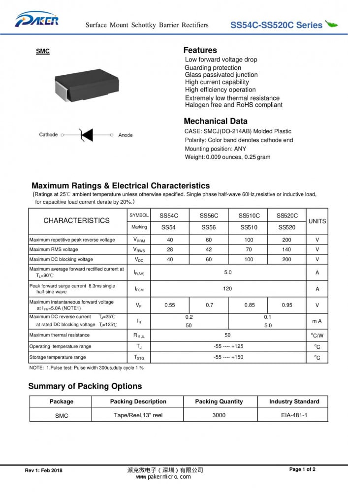 PAKER SS54/SMC datasheet page 1