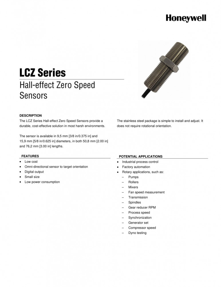 LCZ Series Hall-effect zero-speed sensor document, page 1