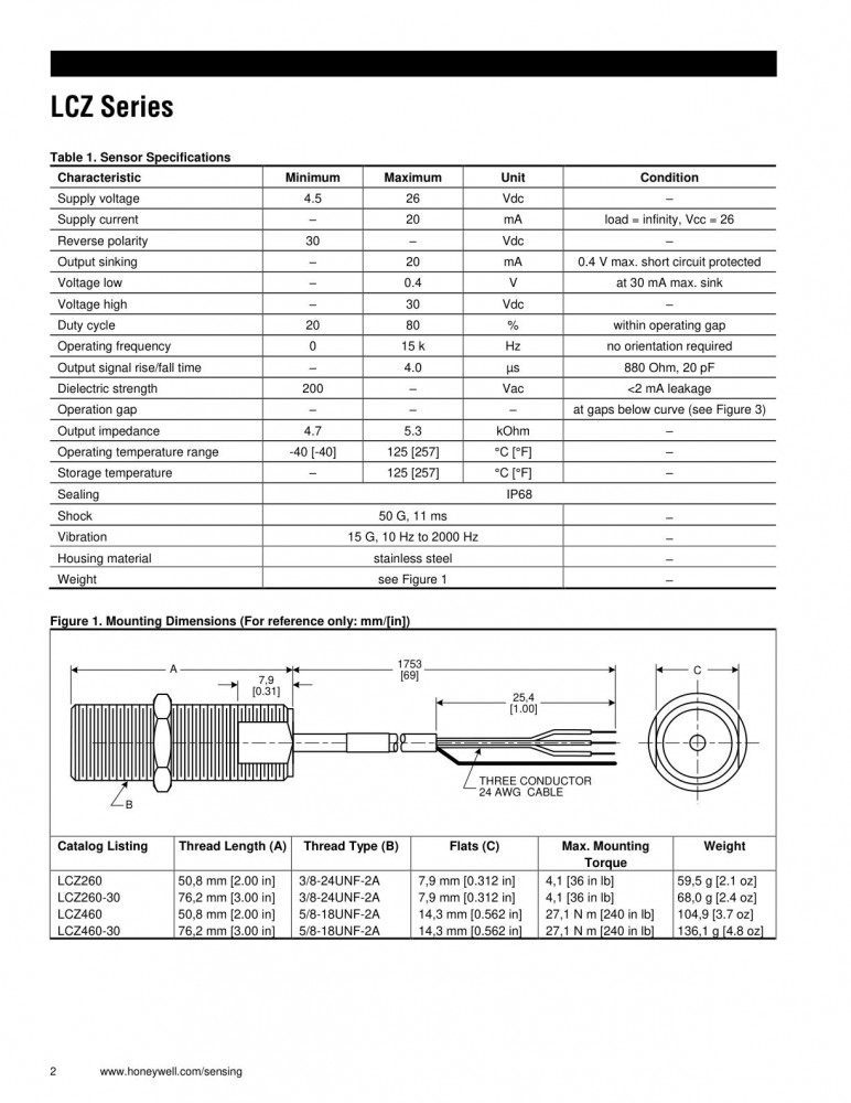 LCZ Series Hall-effect zero-speed sensor document, page 2