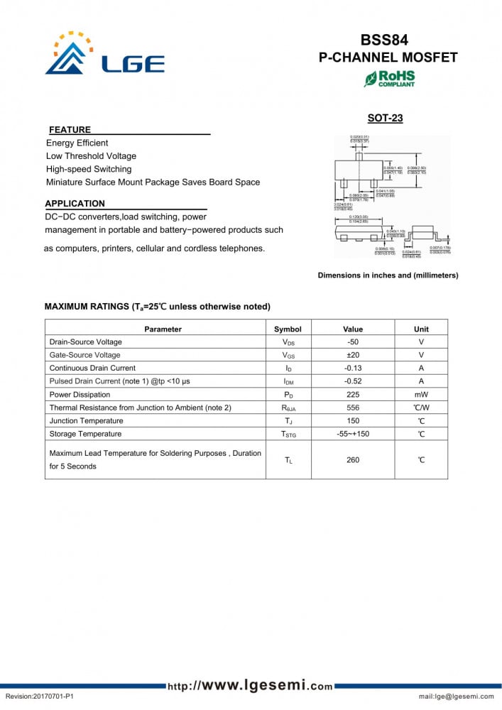 LGE BSS84 datasheet page 1