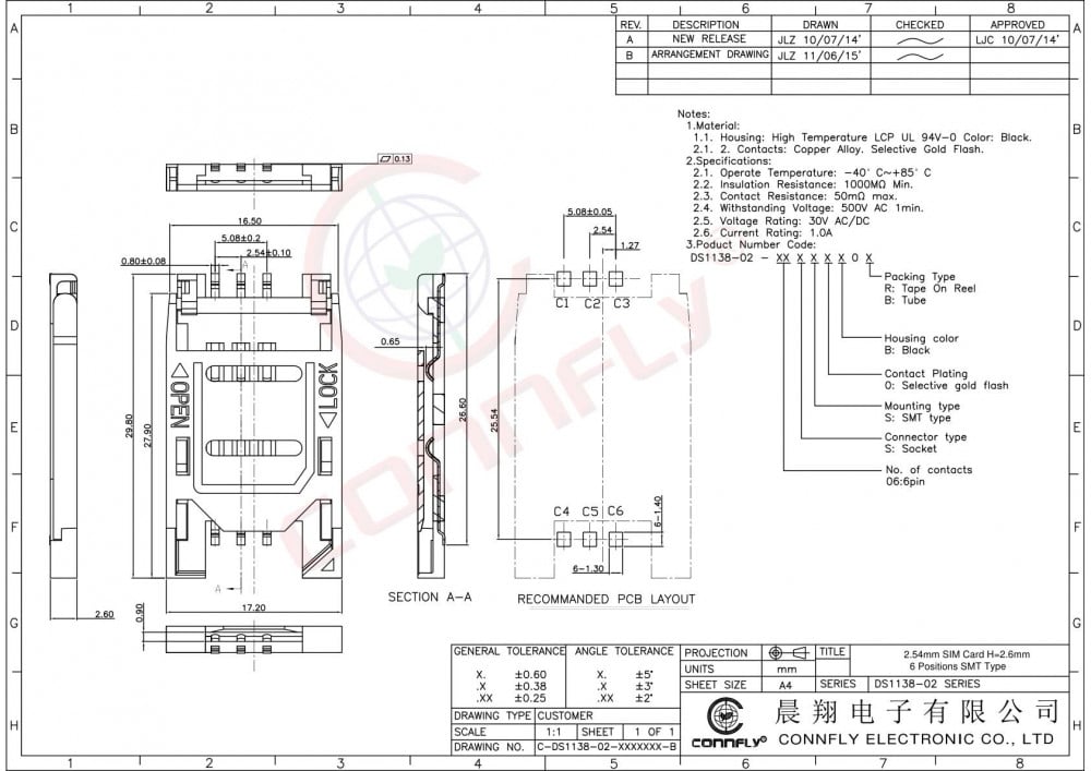 CONNFLY Elec DS1138-02-06SS4BOR technical document page