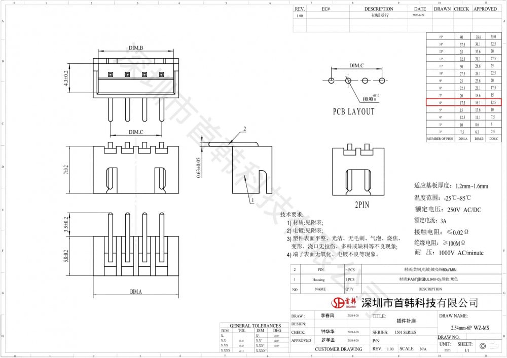 2.54mm-6P WZ-MS specification page 1