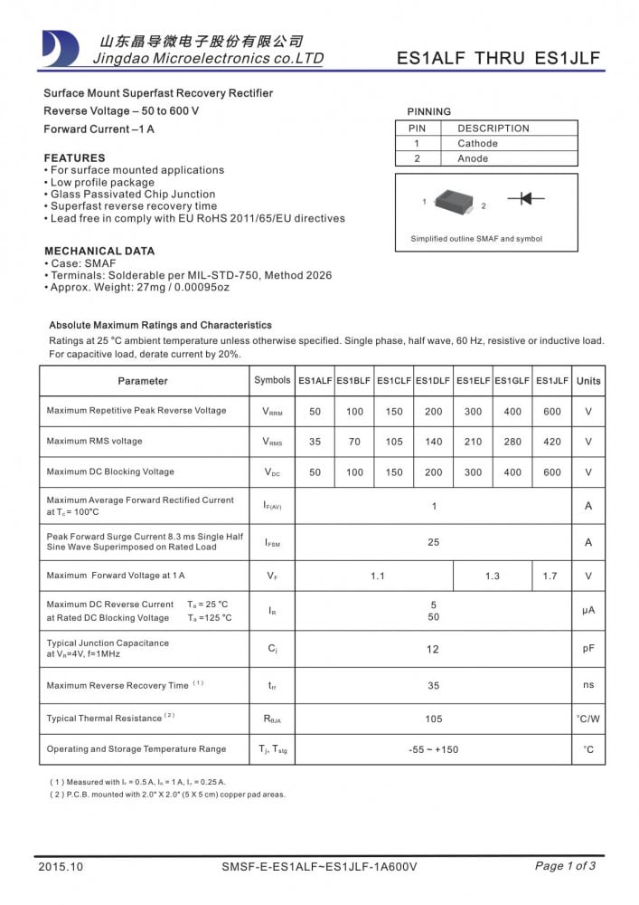 ES1JLF datasheet page 1