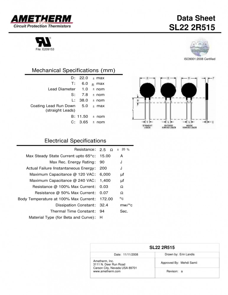 Ametherm SL22 2R515-B datasheet drawing and specifications