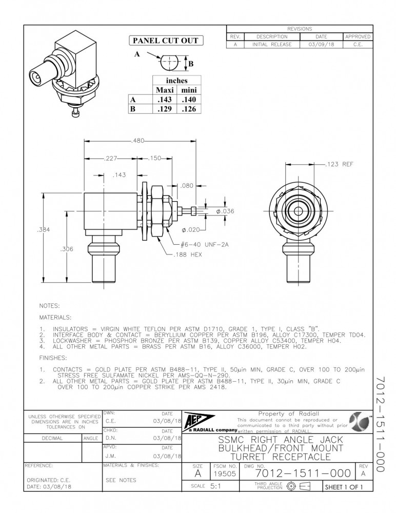 Radiall 7012-1511-000 drawing, including panel cut-out and material/finish notes